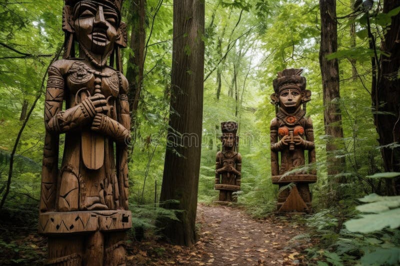 Hand-carved Wooden Tribal Statues in a Forest Setting Stock ...