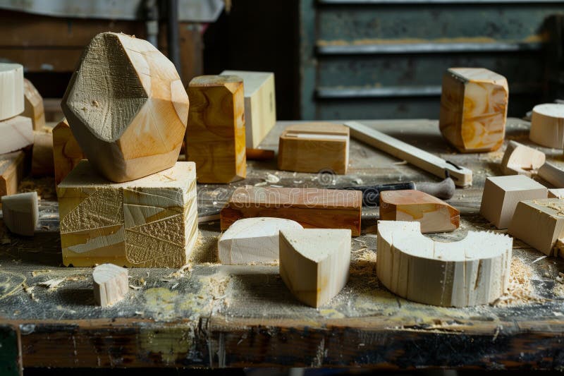 Hand Carving Shapes from Wood Blocks on a Workbench Stock Photo - Image ...