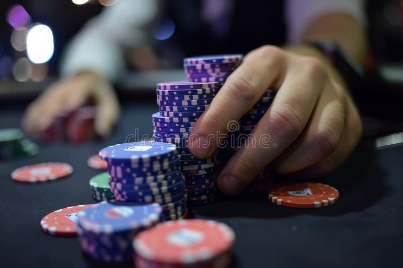 Hand with Casino Chips on Gaming Table. Stock Image - Image of game ...