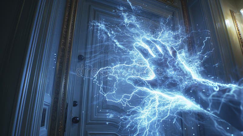 Hand Casting a Blue Magical Spell in Front of a Door Stock Illustration ...