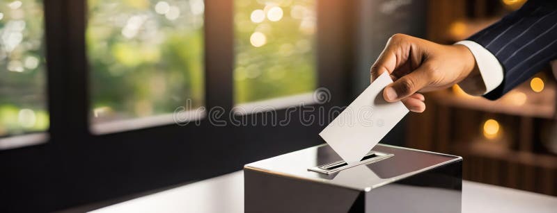 A Hand Casting a Vote into a Ballot Box in a Well-lit Room ...