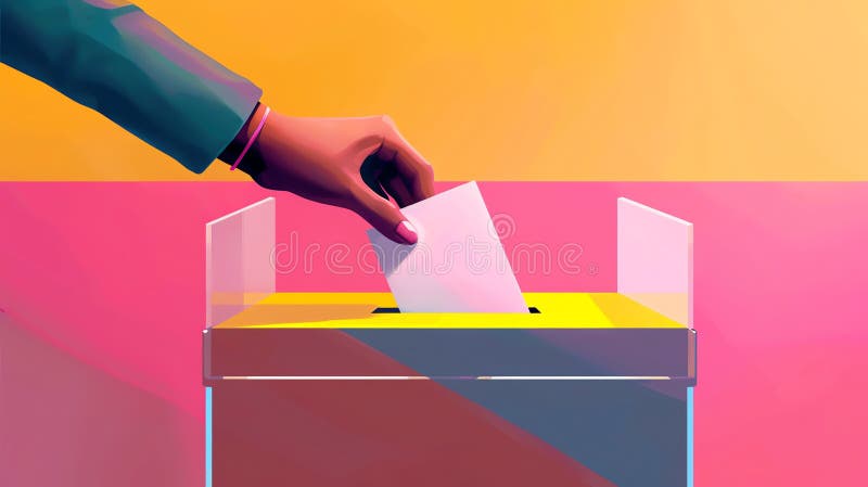 A Hand Casts a Ballot into a Voting Box. Colorful Backdrop Stock ...