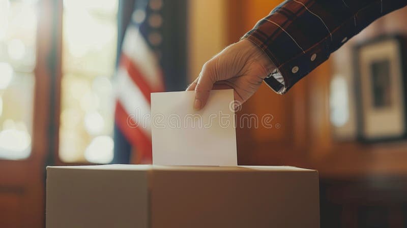 A Hand Casts a Ballot into a Voting Box in Front of an American Flag ...