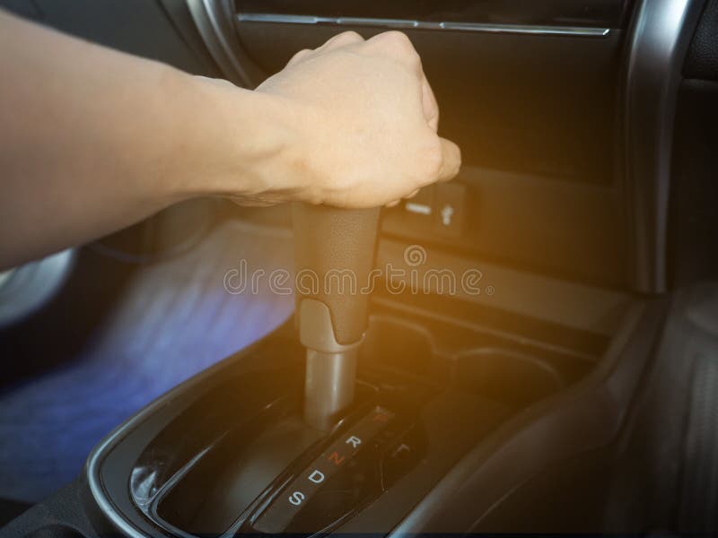 Hand Hold Gear Auto of Car Interior the Car with Light Flare Stock ...