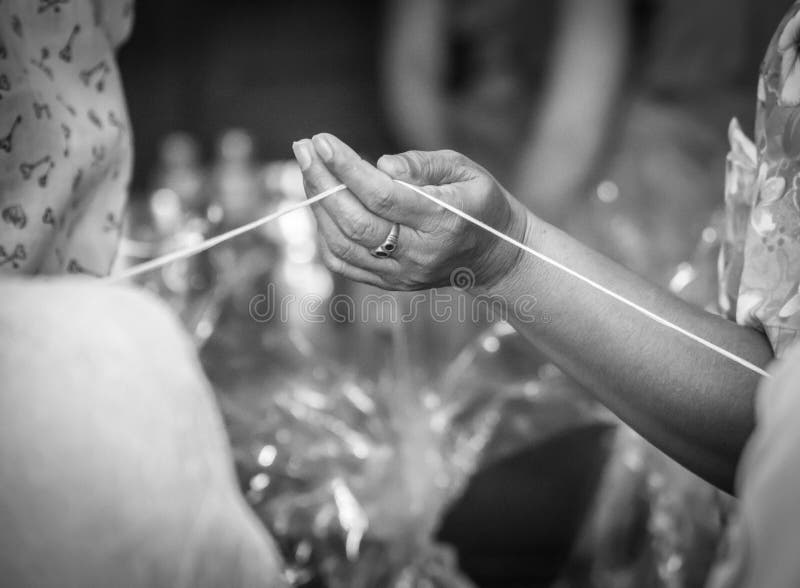 Hand Catch Holy Thread in Thai Rite, Black-white Image Stock Photo ...