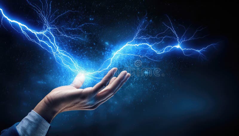 A Hand Catching a Bolt of Lightning in a Dark, Starry Sky, Symbolizing ...