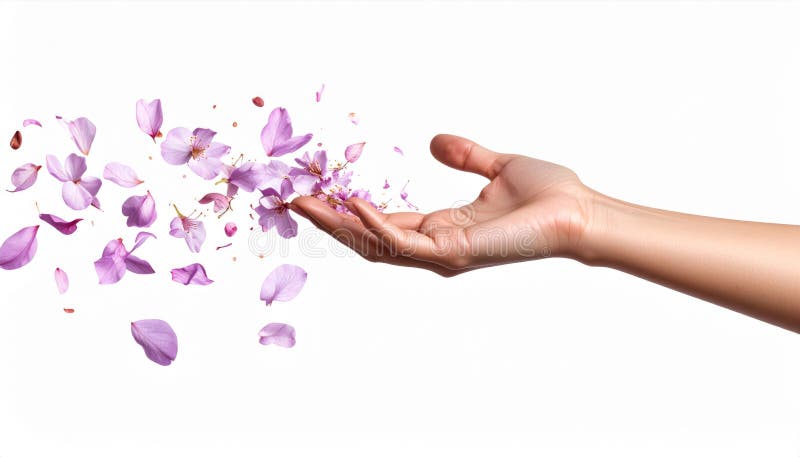 Hand Catching Falling Pink Petals Against White Background Stock ...