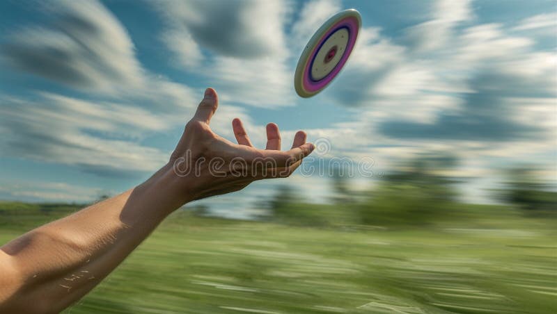 Hand Catching Frisbee at Full Extension, Grass and Clouds Blurred in ...
