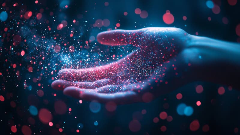 Hand Catching Glittering Particles in a Magical Blue Atmosphere Stock ...