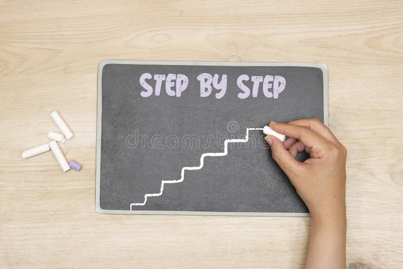 Hand with Chalk Writing Message STEP by STEP on a Chalkboard Stock ...