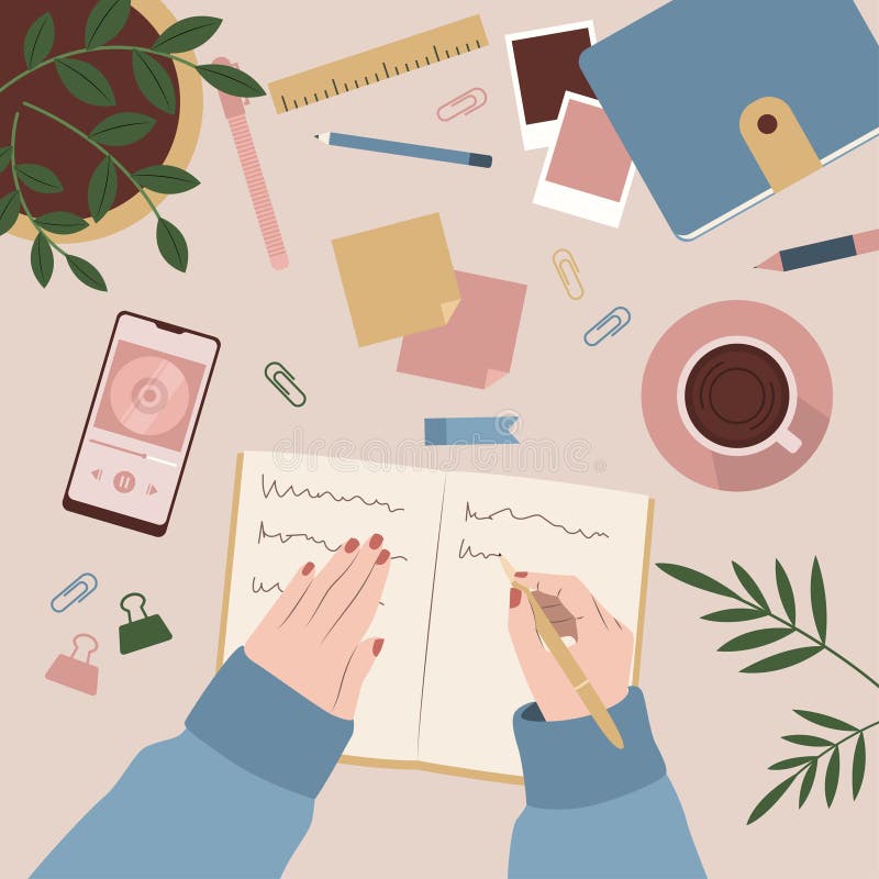 Hand Character Writing Diary with Notes Coffee Cup Playlist in ...
