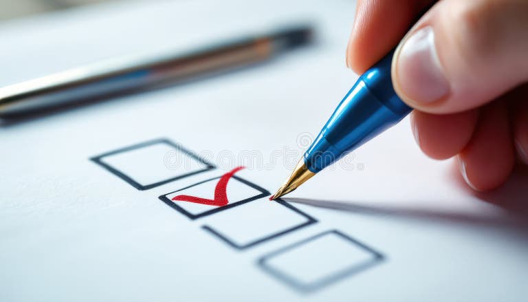 Hand Checking a Box on a Checklist with a Pen Stock Image - Image of ...