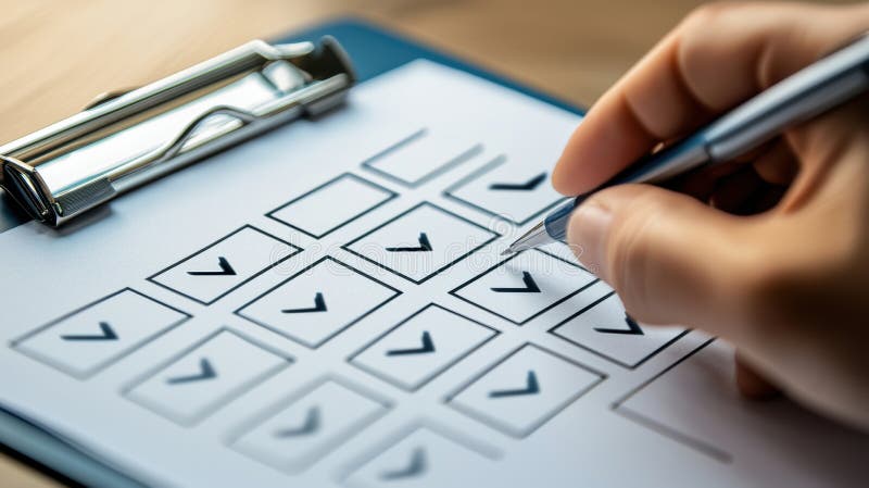 Hand Checking Off Boxes on Clipboard with a Pen in Bright Office Stock ...