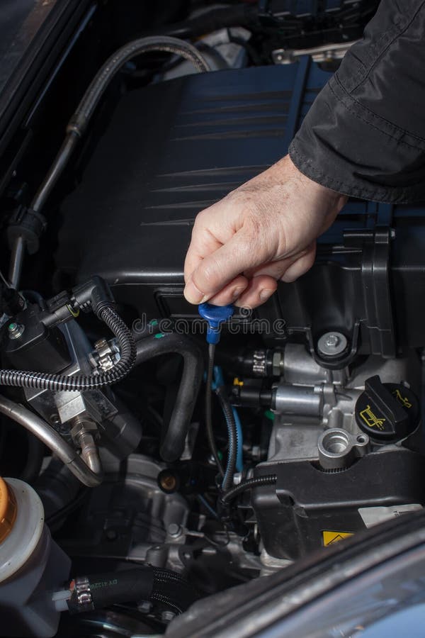 Hand Checking the Oil Level of a Car Engine Stock Photo - Image of ...