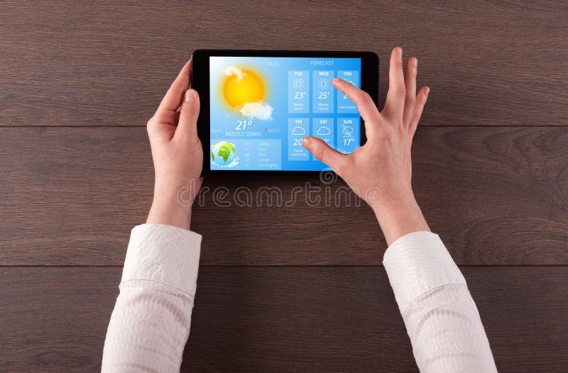 Hand Checking Weather on Tablet Stock Photo - Image of forecast ...