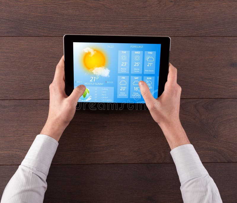 Hand Checking Weather on Tablet Stock Image - Image of fahrenheit ...