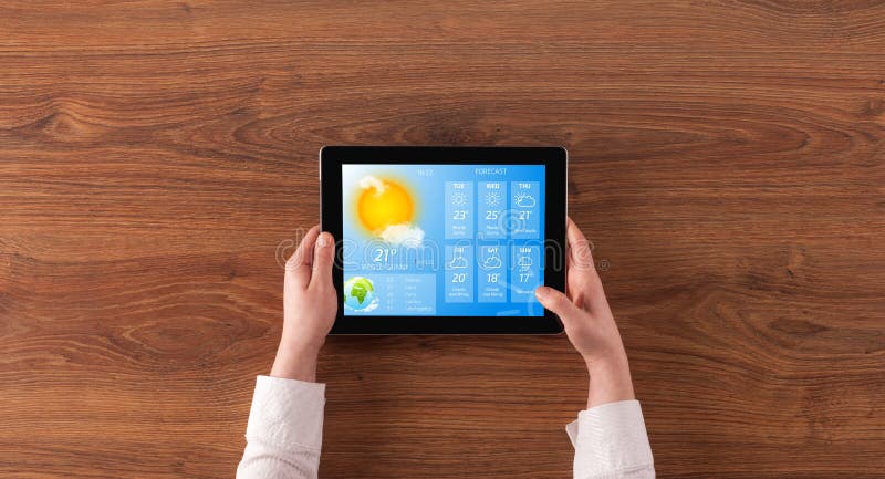 Hand Checking Weather on Tablet Stock Photo - Image of electronic, city ...
