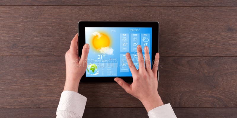 Hand Checking Weather on Tablet Stock Image - Image of fahrenheit ...