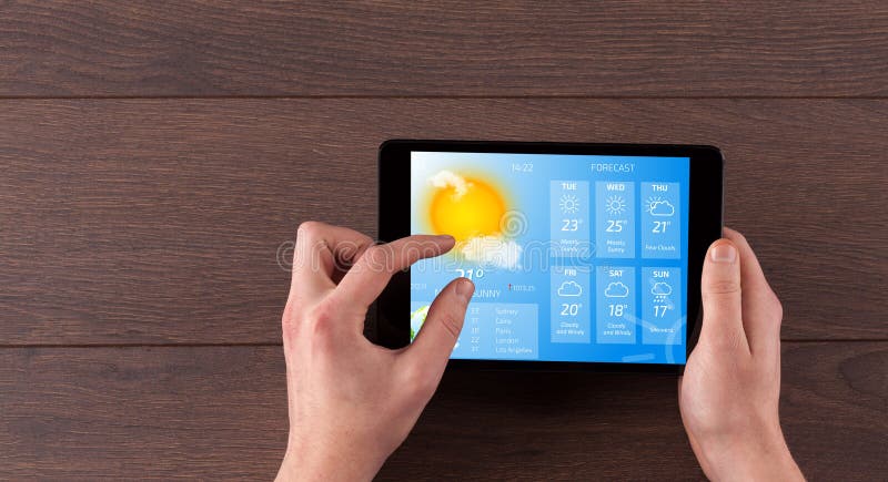 Hand Checking Weather on Tablet Stock Image - Image of plan, globe ...