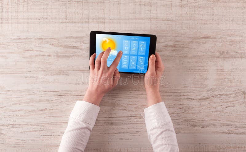 Hand Checking Weather on Tablet Stock Image - Image of cloud, city ...