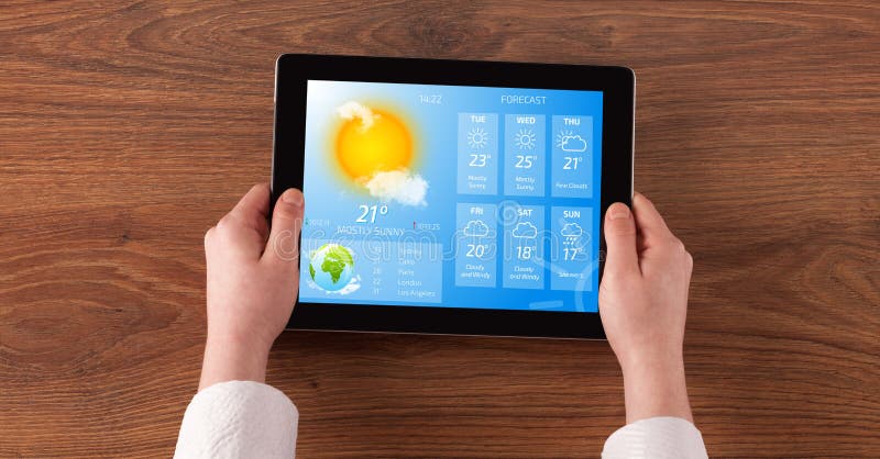 Hand Checking Weather on Tablet Stock Image - Image of kelvin, display ...