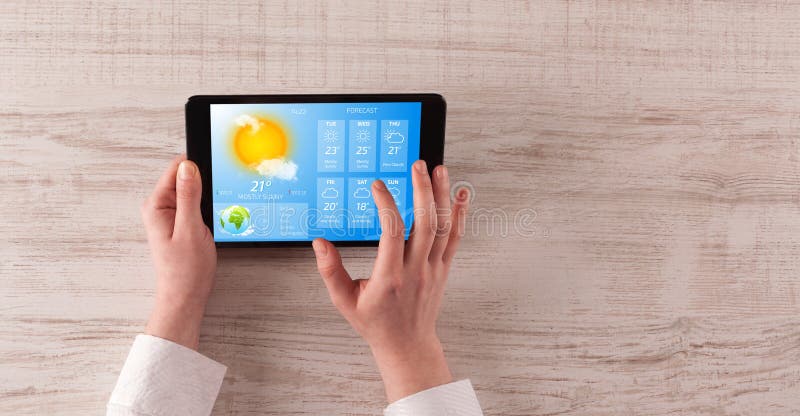 Hand Checking Weather on Tablet Stock Photo - Image of blue, kelvin ...