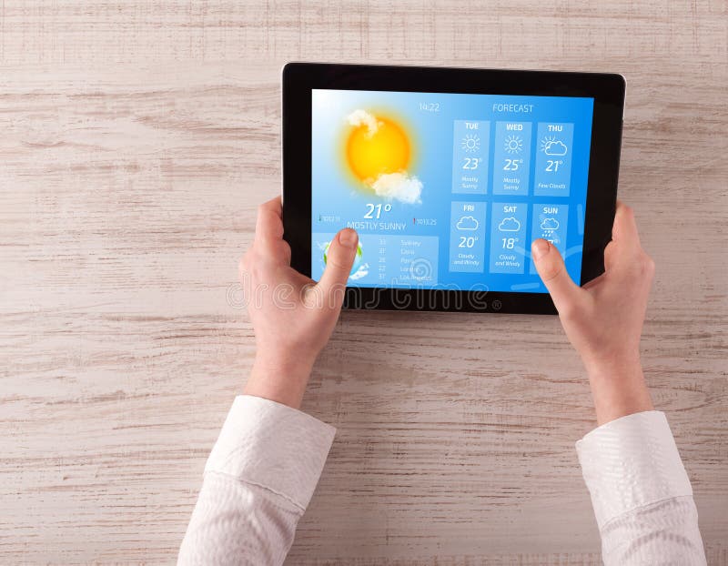 Hand Checking Weather on Tablet Stock Image - Image of internet, break ...