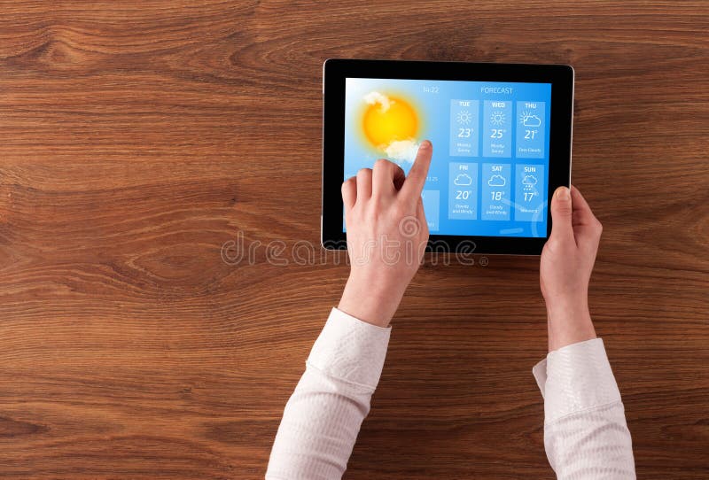 Hand Checking Weather on Tablet Stock Image - Image of concept, device ...