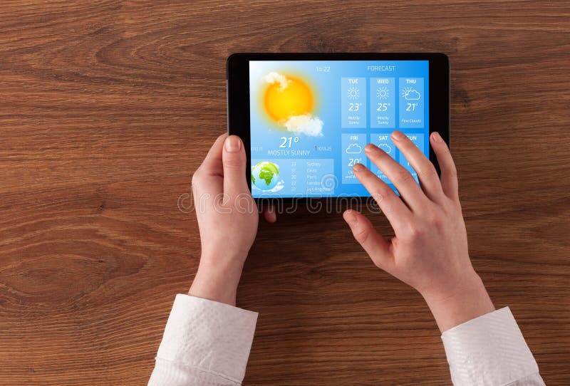 Hand Checking Weather on Tablet Stock Image - Image of break, blue ...