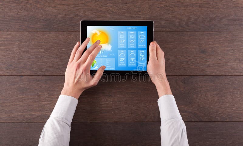 Hand Checking Weather on Tablet Stock Photo - Image of desk, hand ...