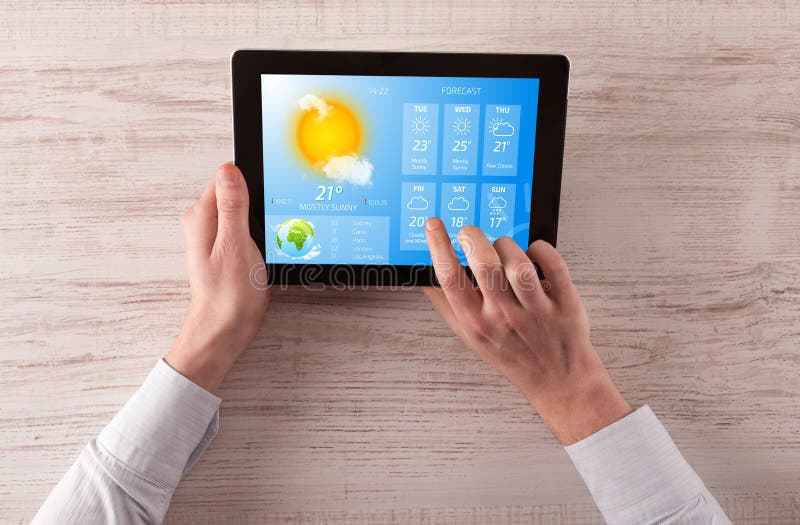 Hand Checking Weather on Tablet Stock Photo - Image of break, market ...