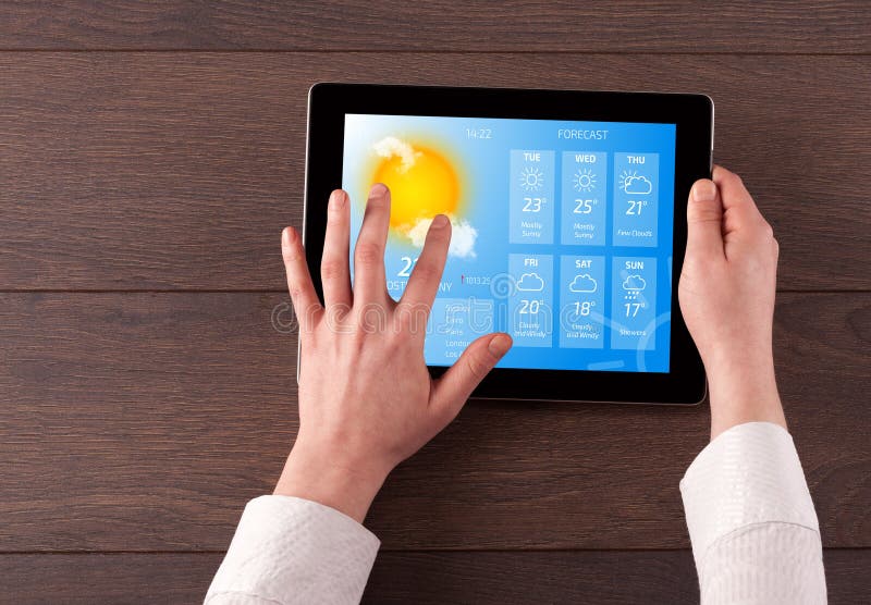 Hand Checking Weather on Tablet Stock Photo - Image of digital ...