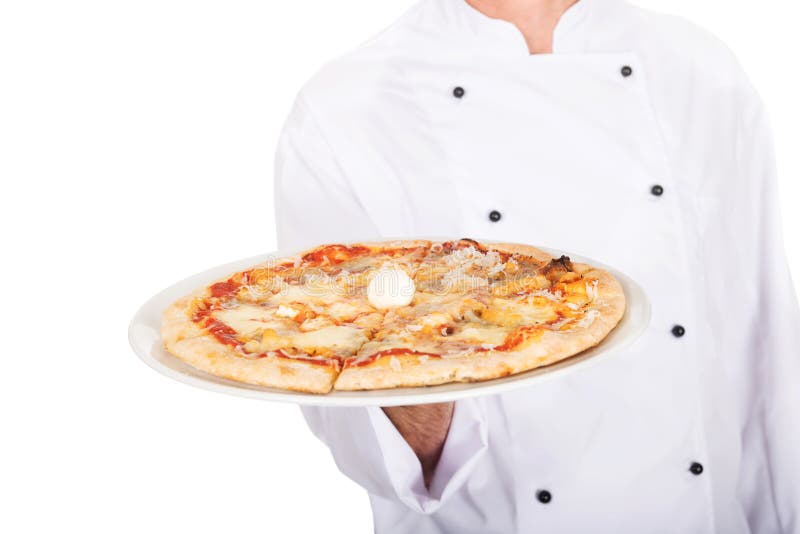 Hand of Chef Baker with Italian Pizza on Plate Stock Image - Image of ...