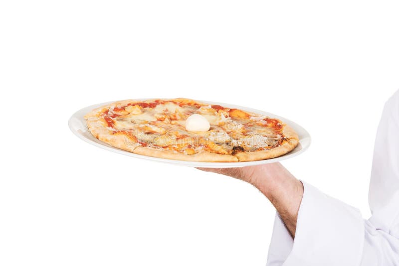 Hand of Chef Baker with Italian Pizza on Plate Stock Image - Image of ...