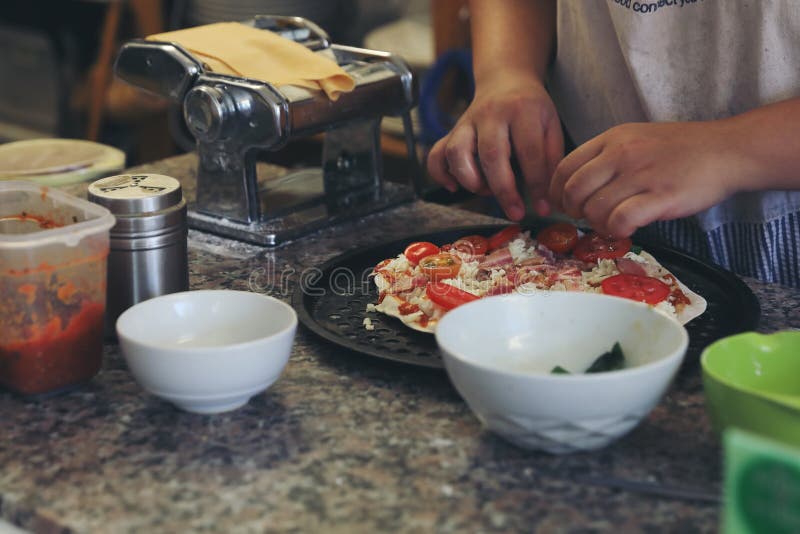 Hand of Chef Making Pizza at Homemade Kitchen Stock Photo - Image of ...