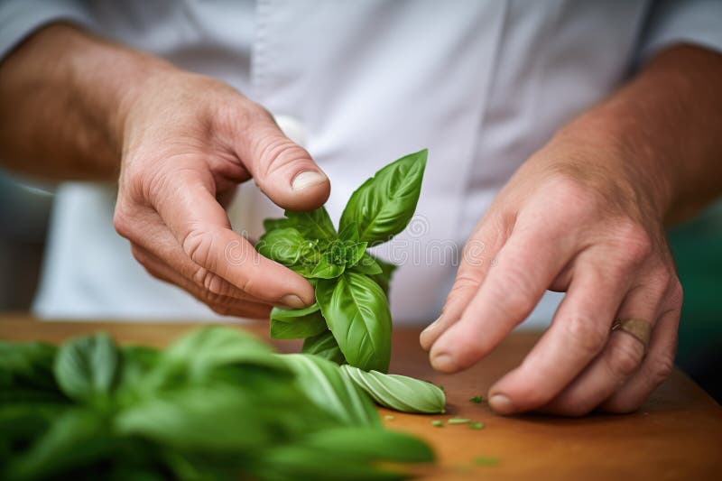 Hand of Chef Picking Fresh Basil Leaves Stock Photo - Image of basil ...