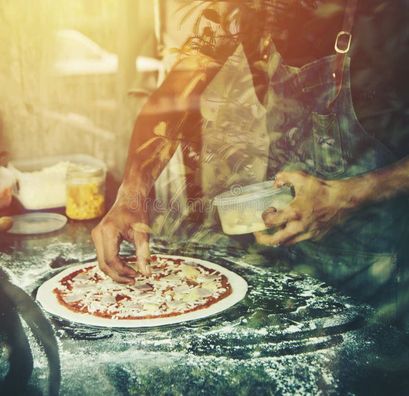 Hand Chef Preparing Spread Cheese on Pizza on Marble Table Stock Image ...