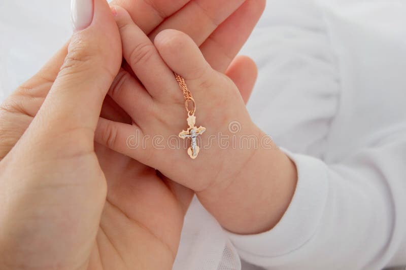 Hand of a Child with a Cross, Baptism of a Child Stock Image - Image of ...