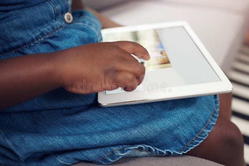 Hand, Child and Tablet Screen on Sofa for Elearning, Education or ...
