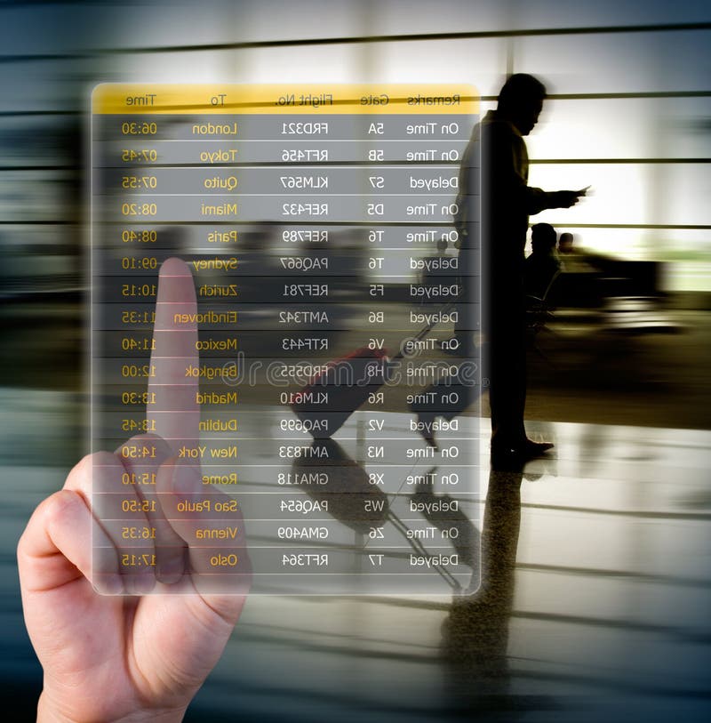 Hand Choosing Flights Pushing a Screen Interface Stock Photo - Image of ...