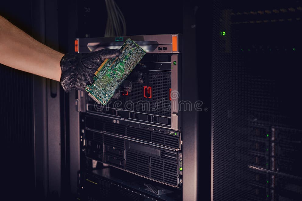 Hand with a Circuit Board of a Hacker Device at the Server. Concept of ...