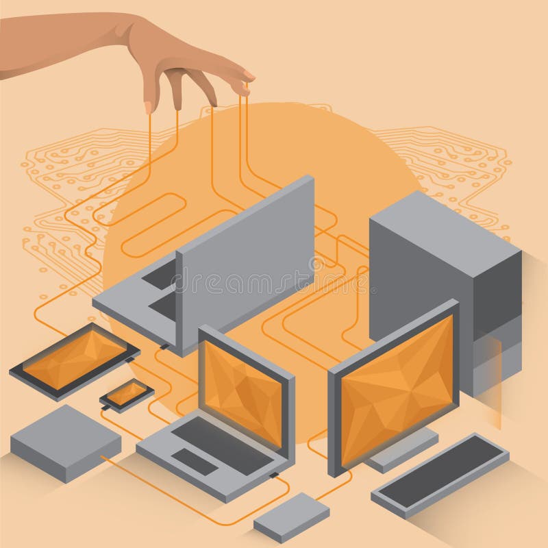 Hand with Circuit Connecting Computer Devices. Vector Illustration ...