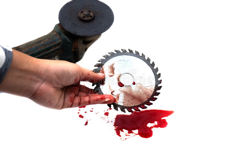 Hand and Circular Saw Disc Bloody on White Background, Safety First ...