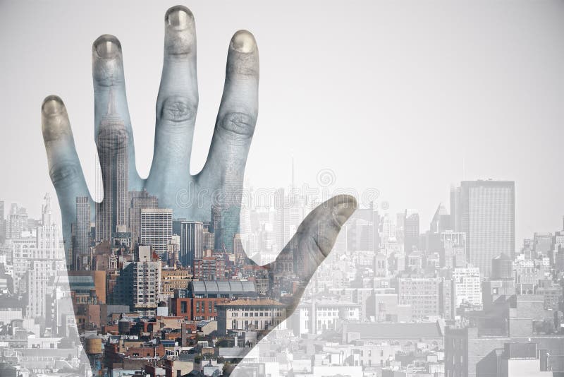 Hand on city background stock illustration. Illustration of cityscape ...