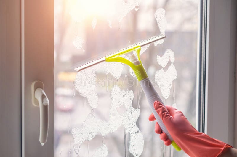 Hand of a Cleaner in a Rubber Glove Washes a Window Stock Image - Image ...
