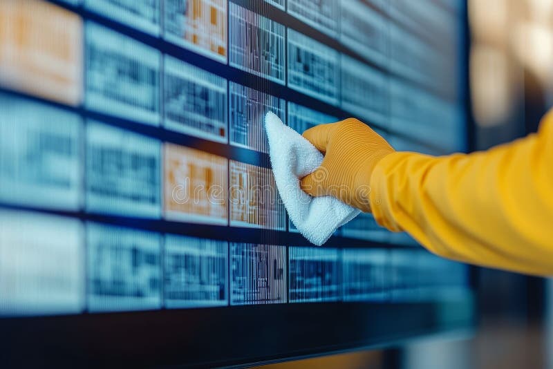 Hand Cleaning a Digital Display with a Cloth in a Modern Business ...