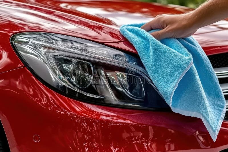 Hand Cleaning the Headlight of a Red Car with a Blue Microfiber Cloth ...