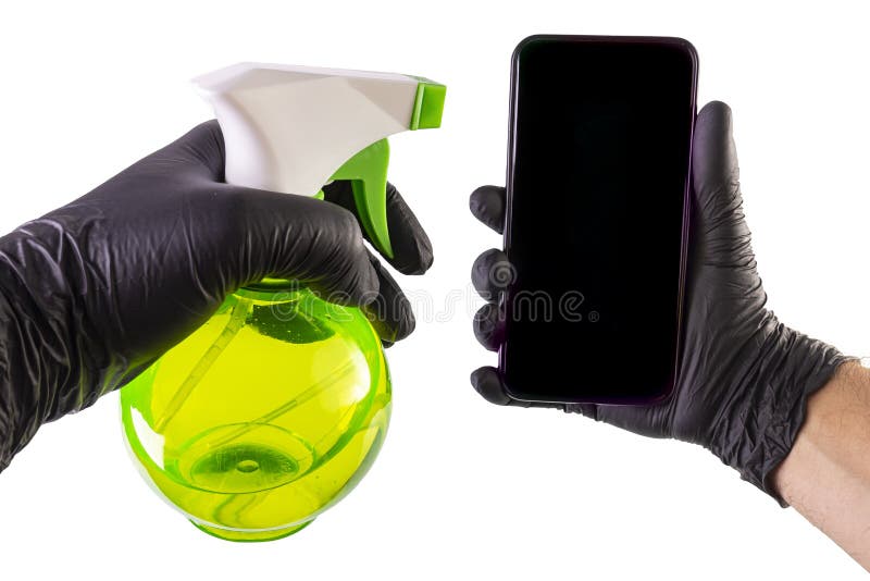 Hand Cleaning a Smartphone with a Spray Bottle Sanitizer Stock Photo ...