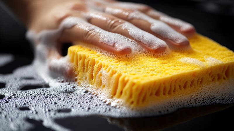Hand Cleaning Surface with Yellow Sponge and Soap Bubbles Stock ...