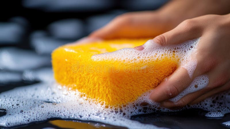 Hand Cleaning Surface with Yellow Sponge and Soap Bubbles Stock ...